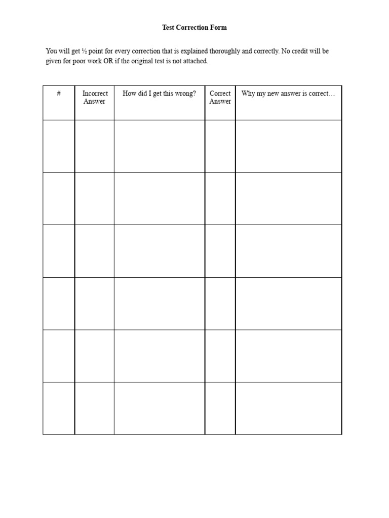 Test Correction Form Template | PDF