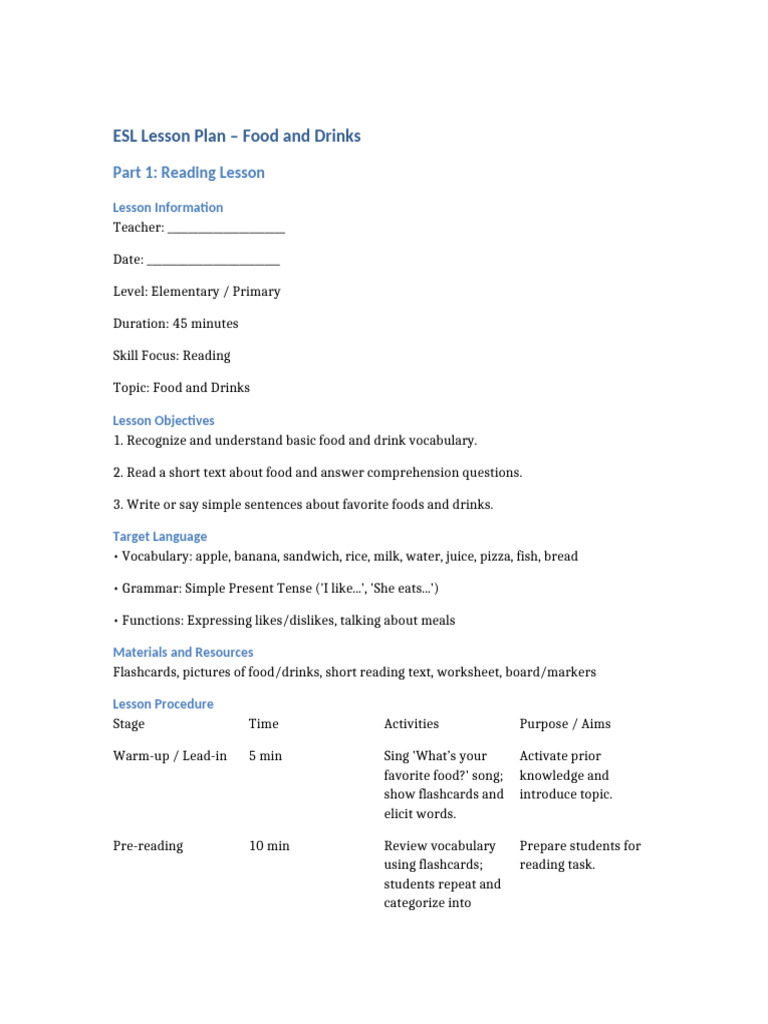 ESL Lesson Plan Food and Drinks Combined | PDF | Reading Comprehension ...