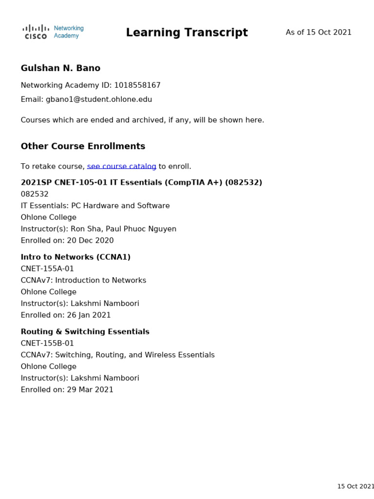 NetAcad Learning Transcript | PDF