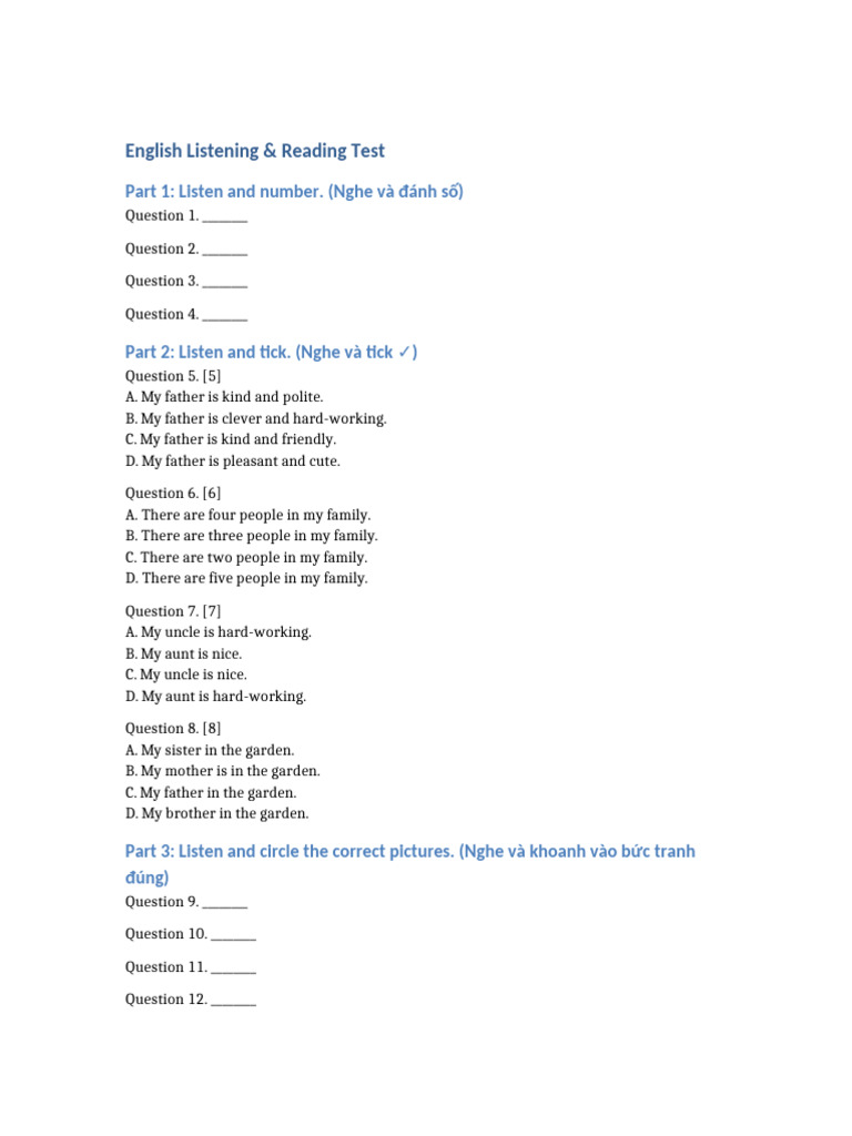 English Listening Reading Test | PDF