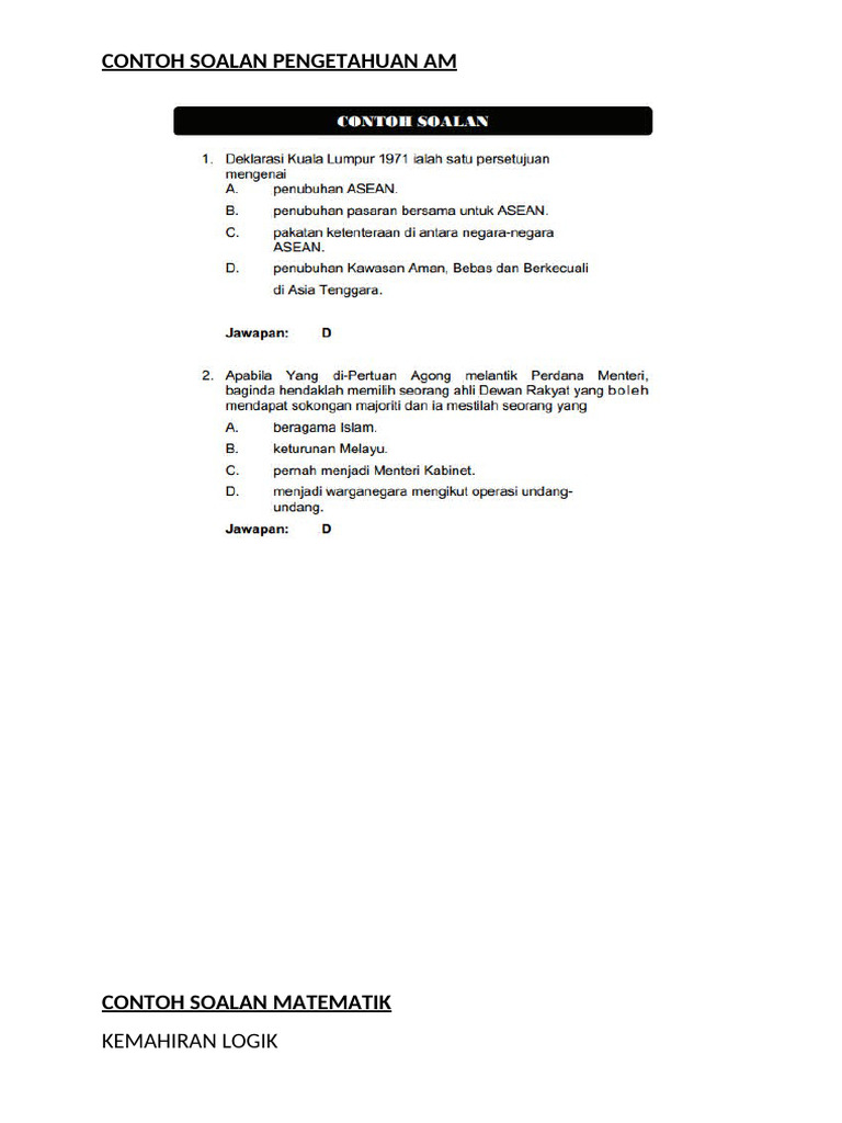 Contoh Soalan Pengetahuan Am | PDF
