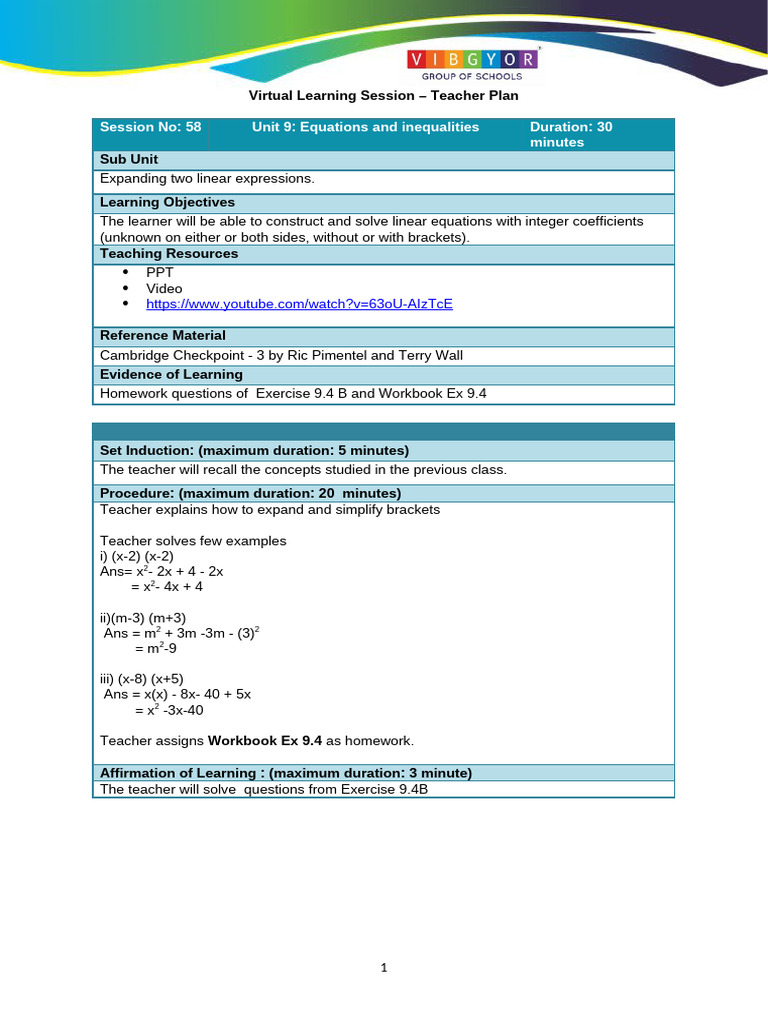 VH Math G7 U9 VL S58 Teacher Plan | PDF