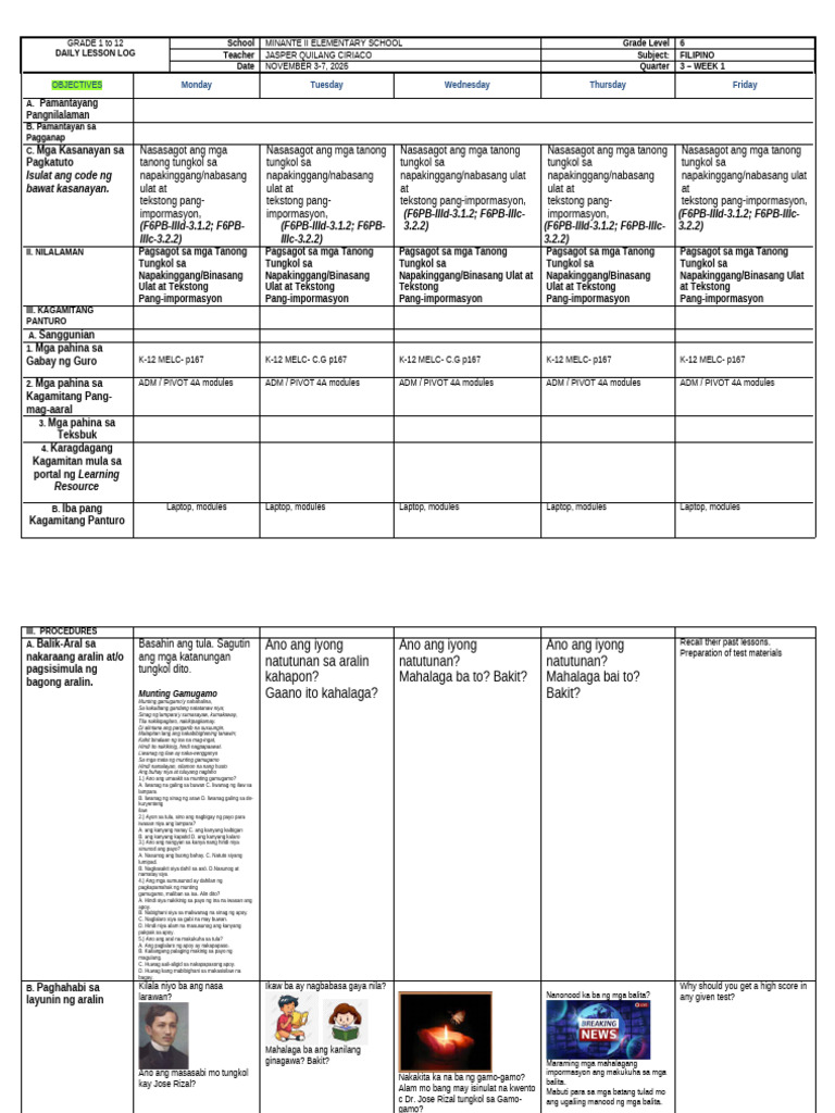 Sir Jasper DLL q3 Week1-Dll-filipino | PDF