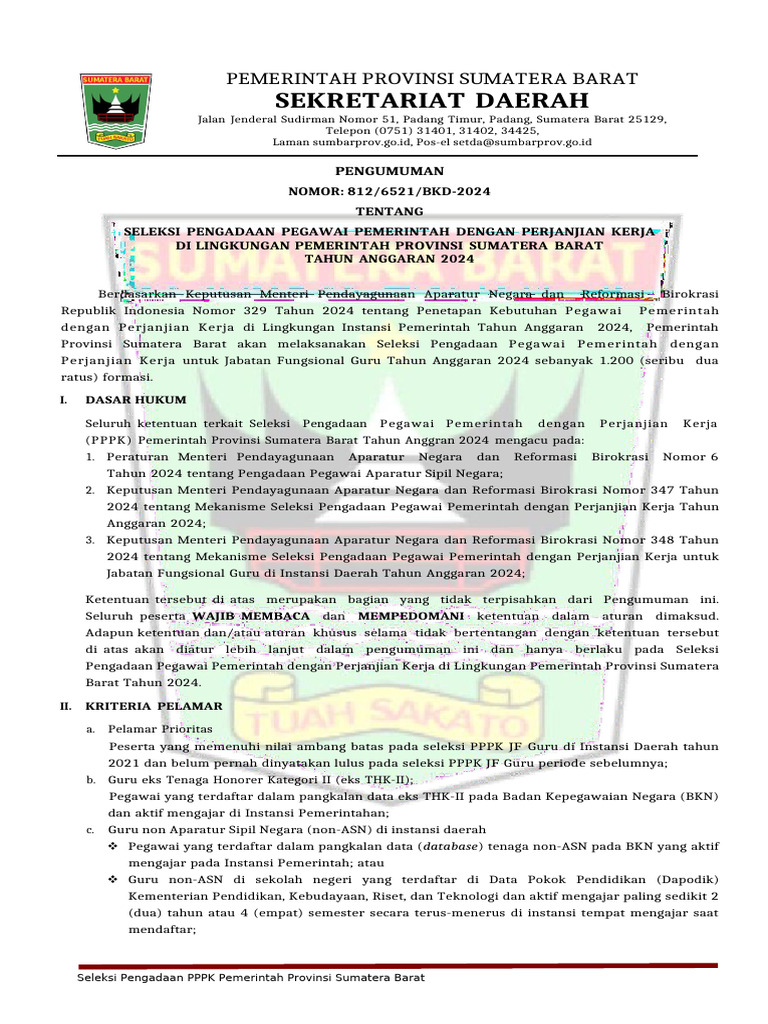 Pengumuman Pengadaan Seleksi PPPK 2024 | PDF