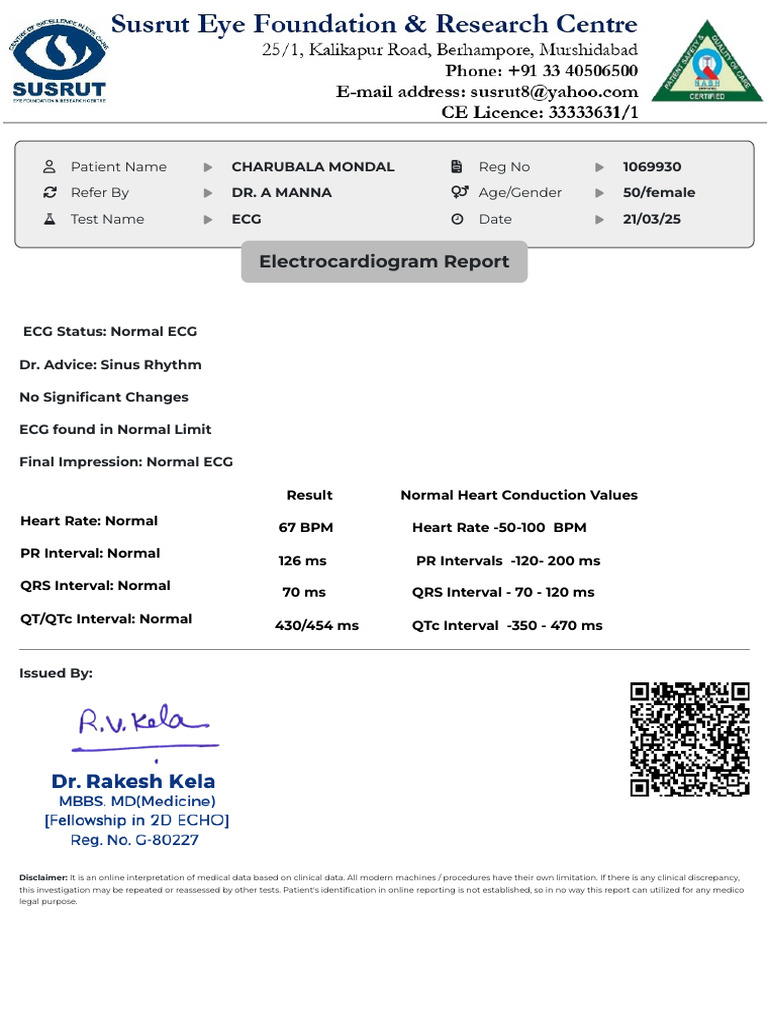 Normal ECG Report for Charubala Mondal | PDF