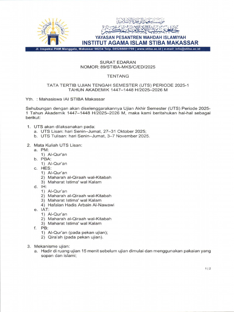 Tata Tertib UTS Periode 2025-1 Bagi Mahasiswa | PDF