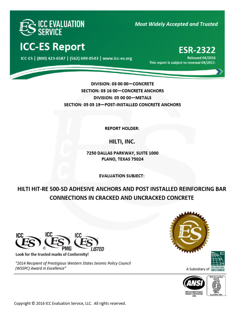 Hilti HIT-RE 500-SD Adhesive Anchors Report | PDF | Strength Of ...