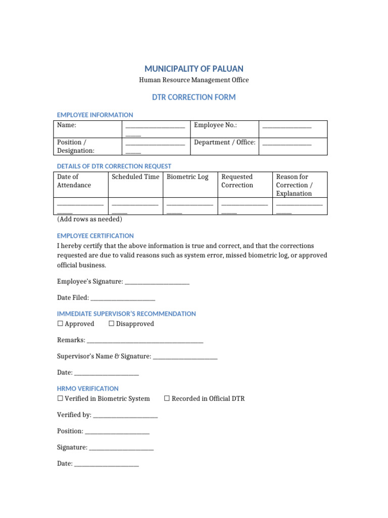 DTR Correction Form for Employees | PDF | Biometrics