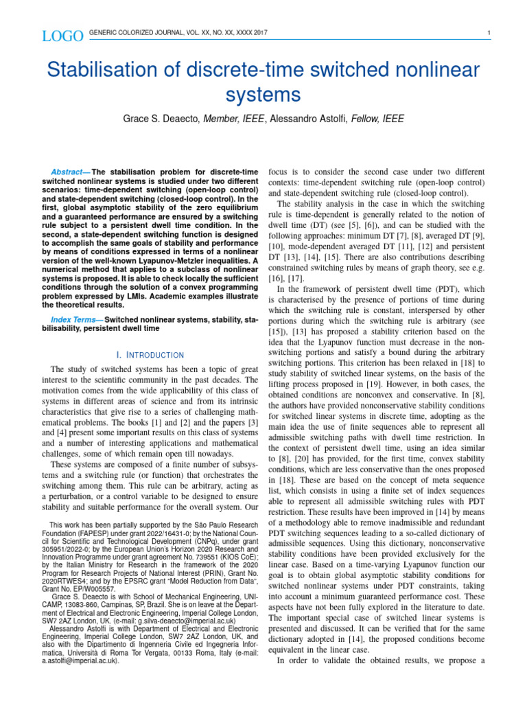 Stabilisation of Discrete-Time Switched Nonlinear Systems-2 | PDF | Set ...