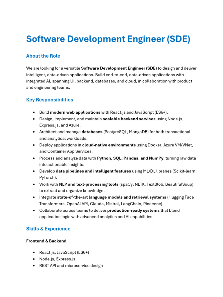 Job Description - Software Development Engineer (SDE) | PDF | Databases ...
