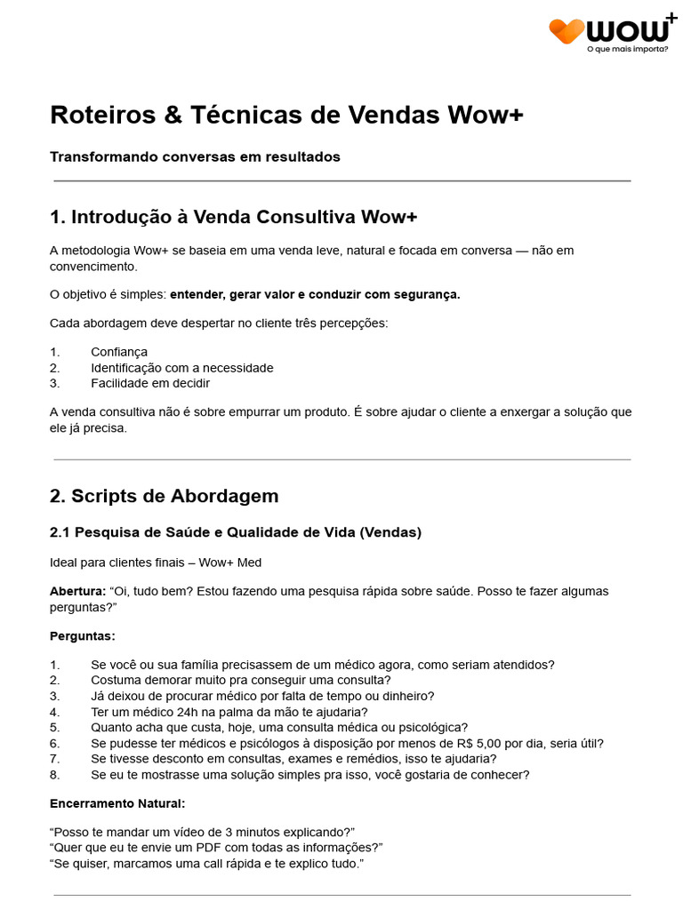 Roteiros & Técnicas de Vendas Wow+ | PDF