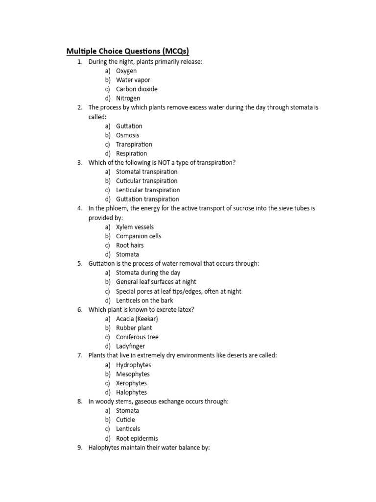 Multiple Choice Questions | PDF | Stoma | Leaf