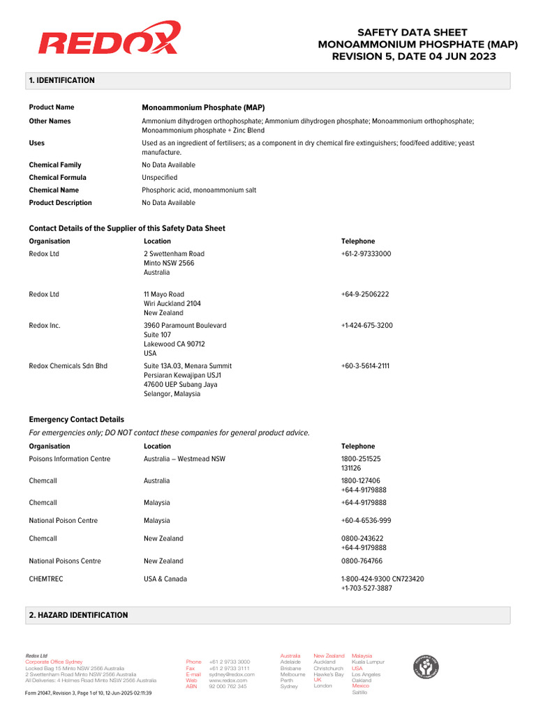 Monoammonium Phosphate Safety Data Sheet | PDF | Ammonia | Dangerous Goods