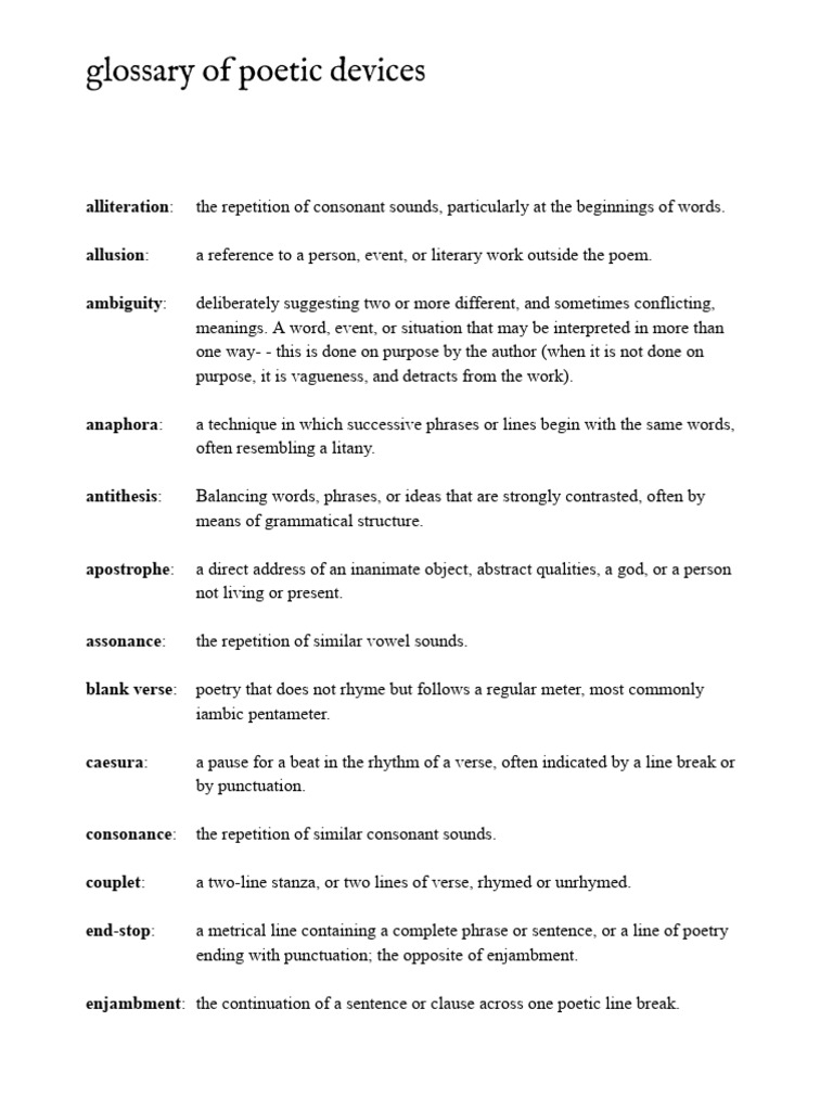 Poetic Devices Study List | PDF | Poetry | Metre (Poetry)