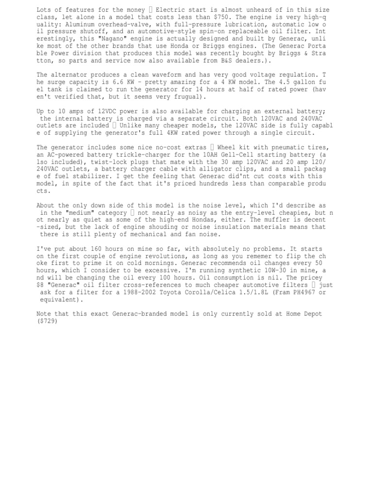 Generac 4000xl Info, Oil Filter Cross Ref | PDF | Engines | Battery Charger