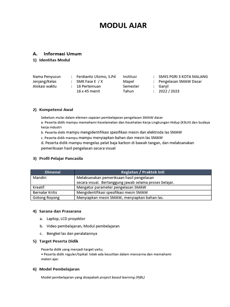 Modul Ajar Mapel Pengelasan SMAW Dasar (Kelas X) | PDF