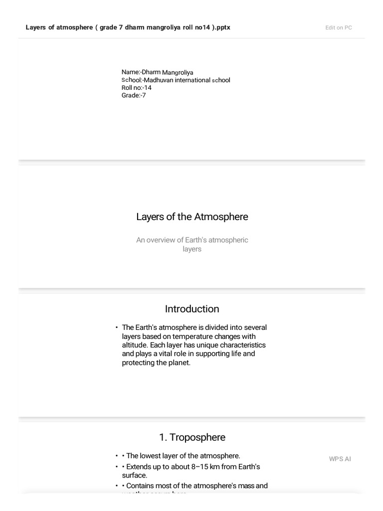Layers of Atmosphere (Grade 7 Dharm Mangroliya Roll No14) | PDF