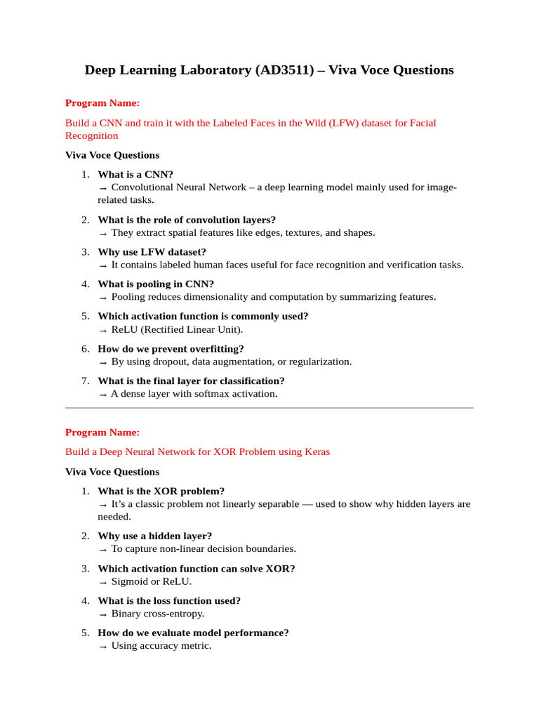 Deep Learning Laboratory Viva Ques& Ans | PDF | Deep Learning | Algorithms