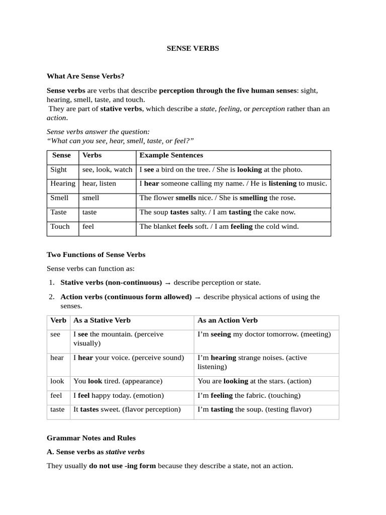 Sense Verbs | PDF | Senses | Subject (Grammar)