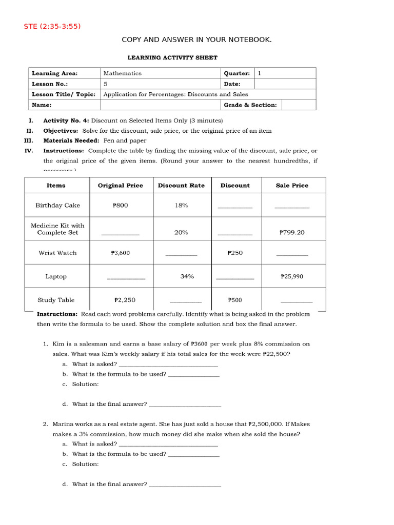 .Activity for Finding the Percentage | PDF