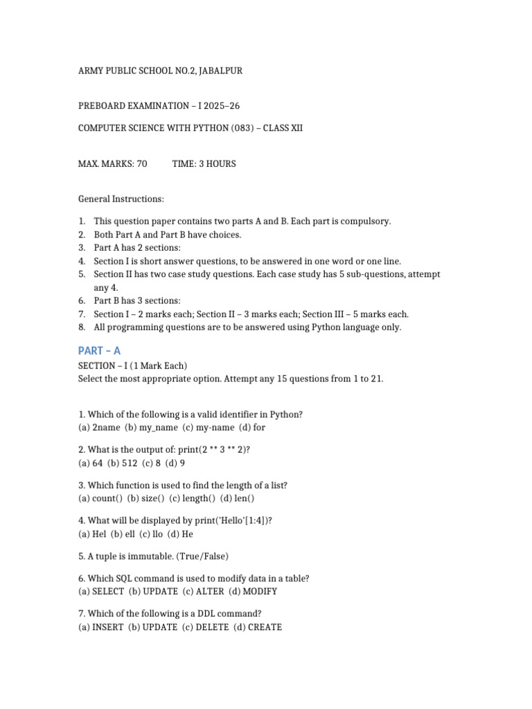 Preboard CS XII 2025-26 | PDF | Sql | Osi Model