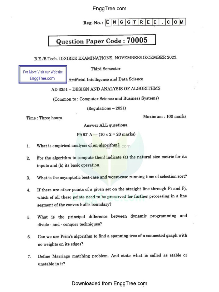 AD3351 Design and Analysis of Algorithms Nov Dec 2022 Question Paper ...