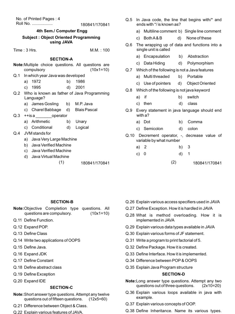 Computer 4 Sem Object Oriented Programming Using Java 180841 2023 | PDF | Java (Programming ...