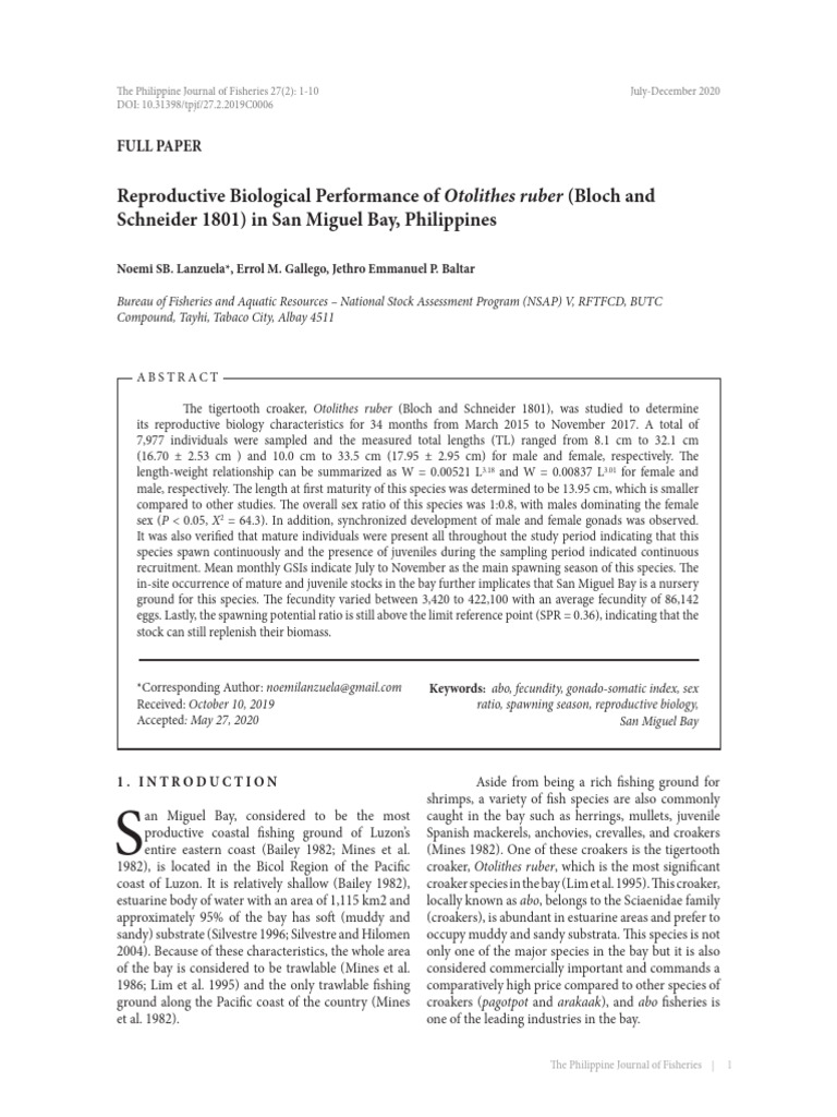 Reproductive Biological Performance of Otolithes Ruber (Bloch and ...