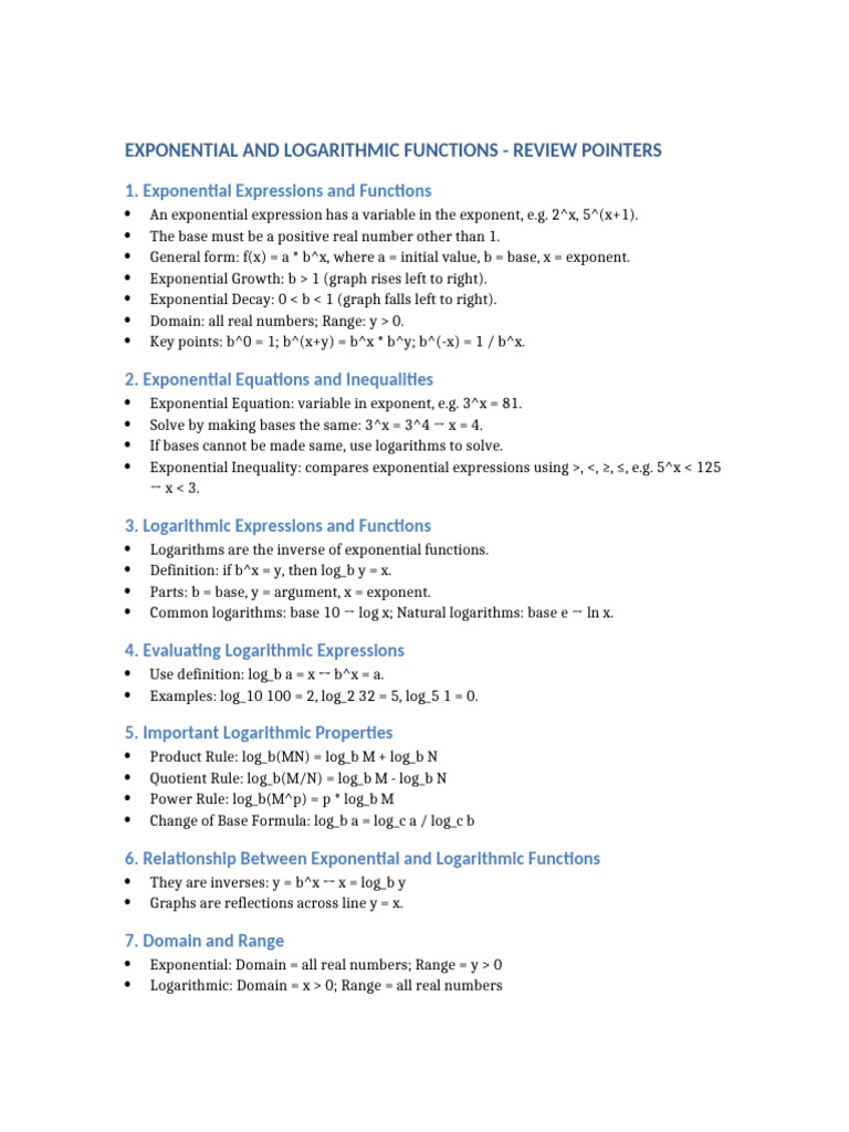 Exponential and Logarithmic Functions Review | PDF
