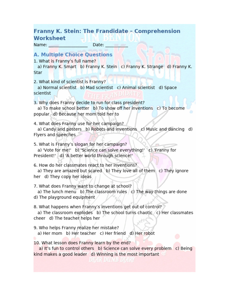 Franny K Stein the Frandidate Worksheet Updated Vocab | PDF