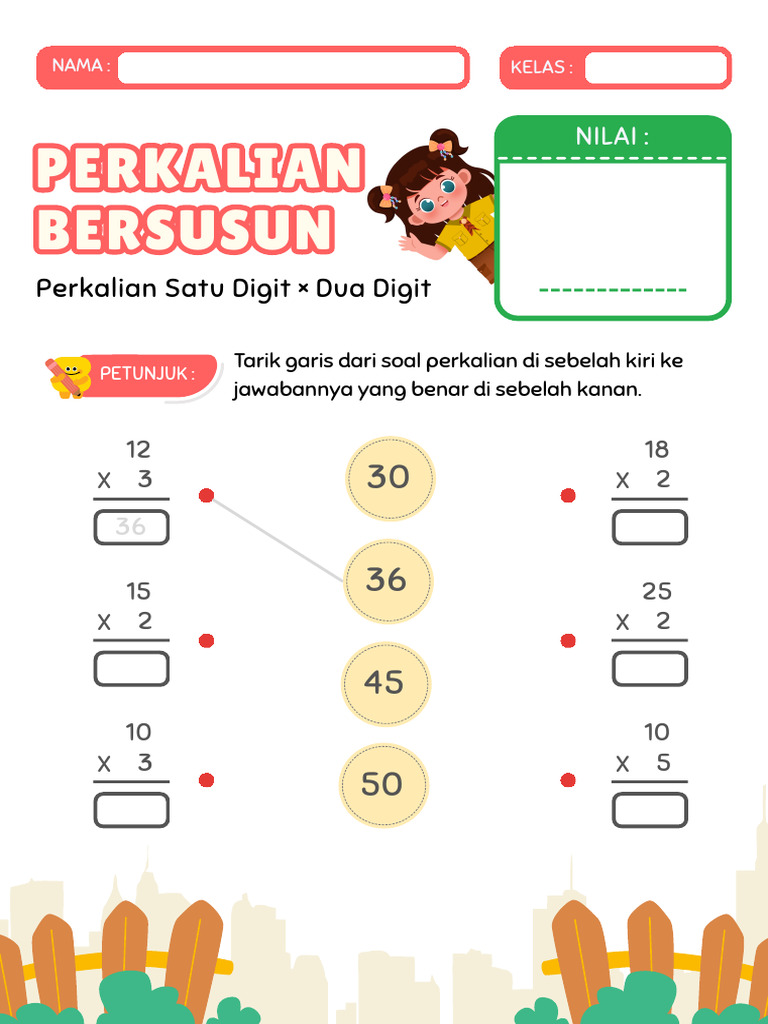 Perkalian Bersusun Satu Dua Digit Lembar Kerja Putih Merah Hijau ...