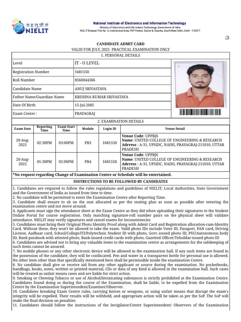 NIELIT O Level Exam Admit Card 2025 | PDF