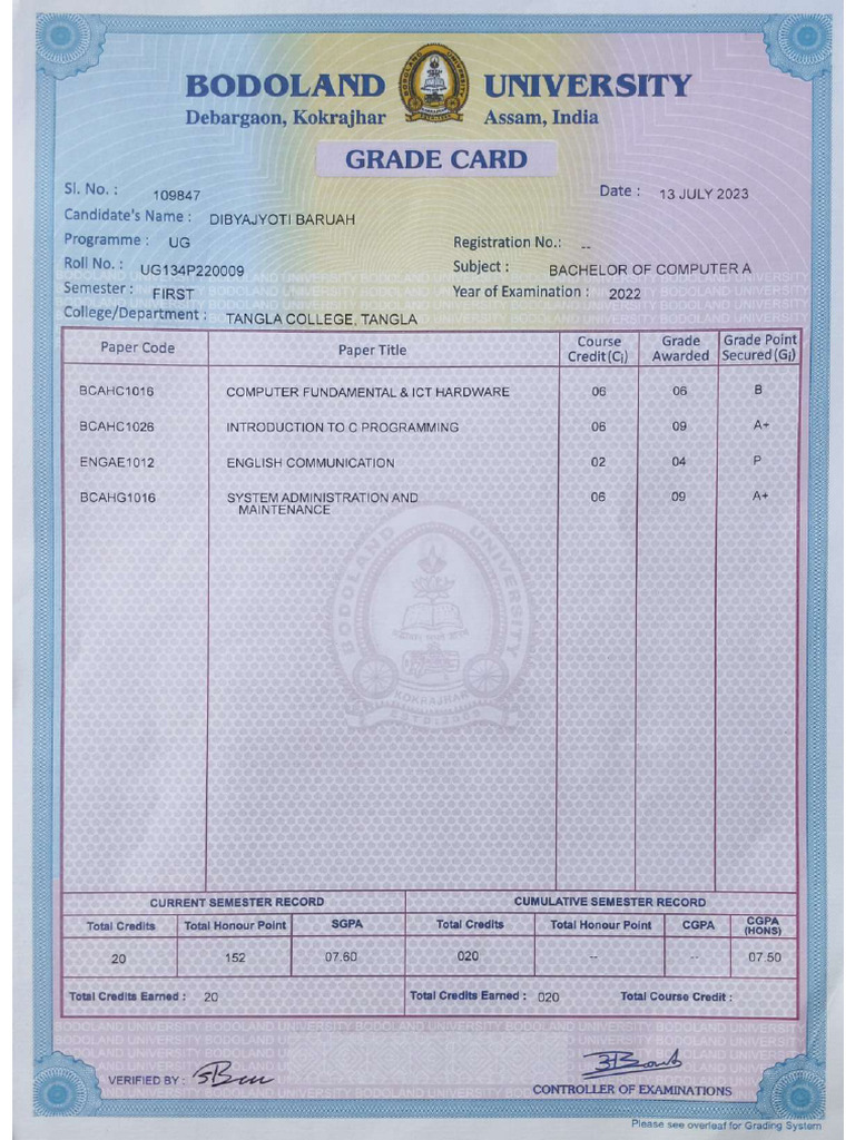 1st Sem Marksheet | PDF