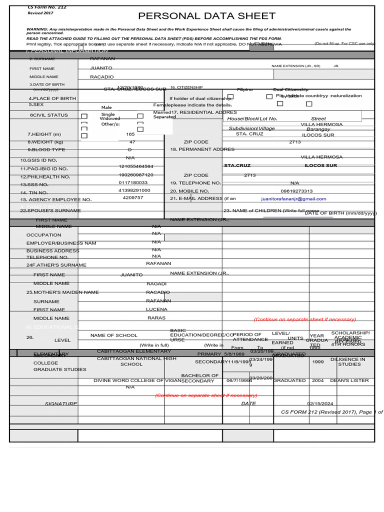Personal Data Sheet (CS Form 212) | PDF