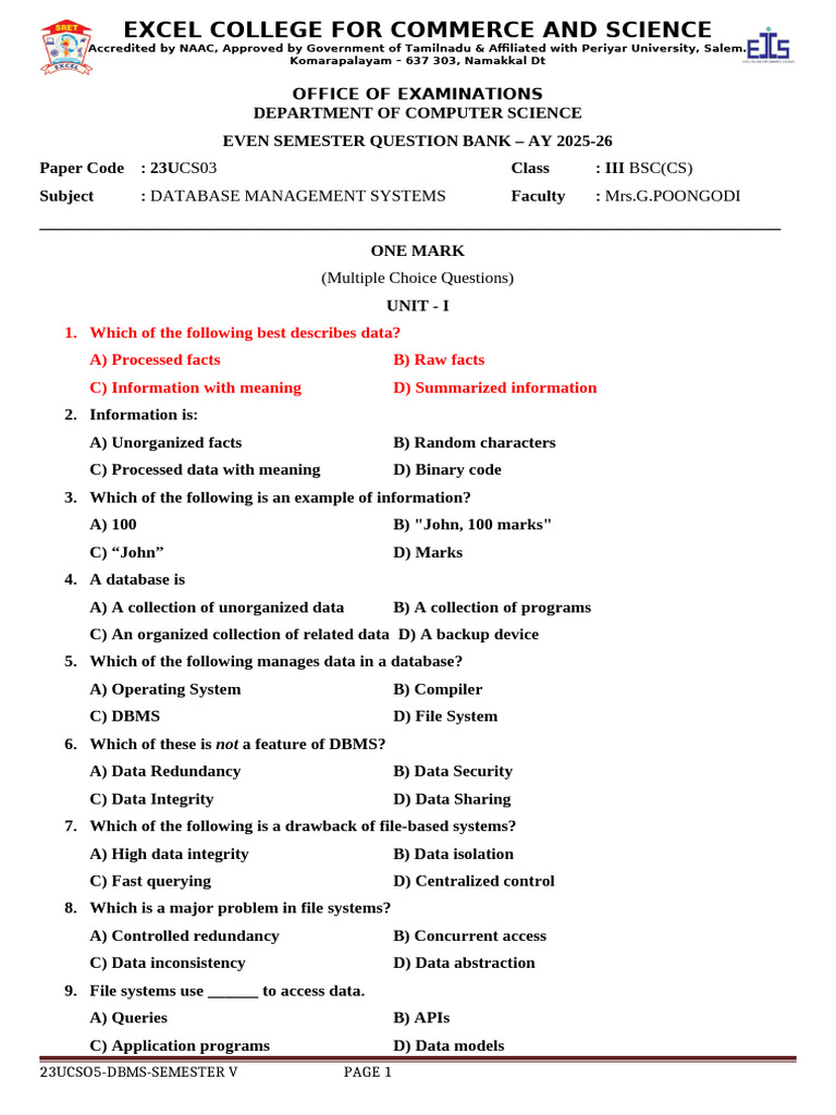 DBMS Question Bank One Mark | PDF | Pl/Sql | Data Model