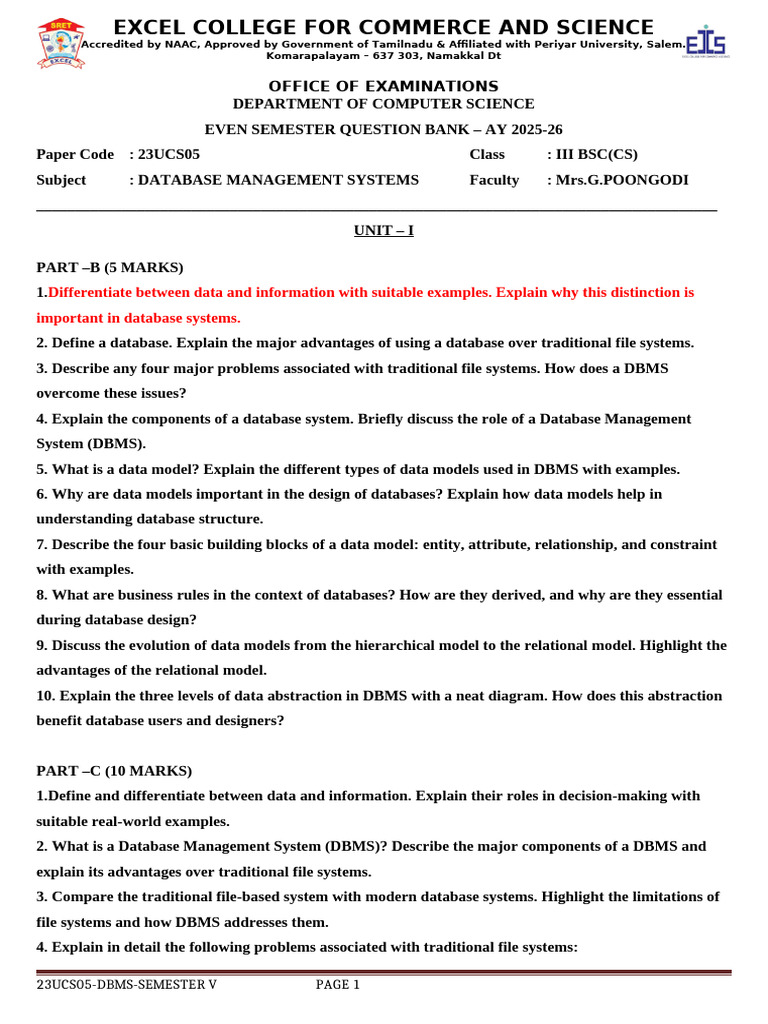 DBMS Question Bank Five Ten Mark | PDF | Relational Database | Pl/Sql