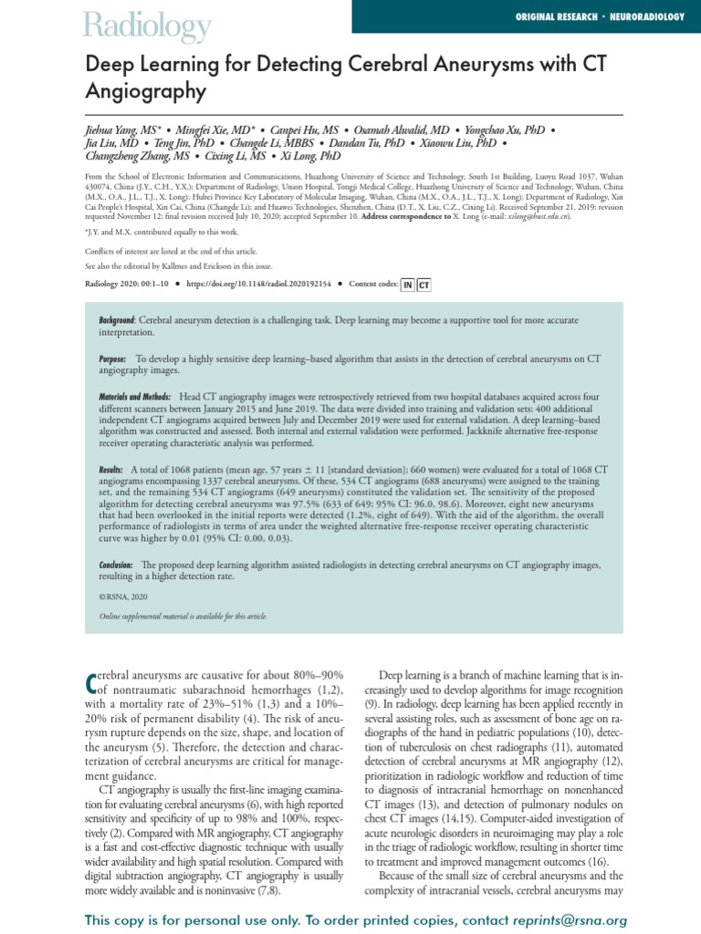11. Deep Learning for Detecting Cerebral Aneurysms With CT Angiography | PDF | Radiology | Ct Scan