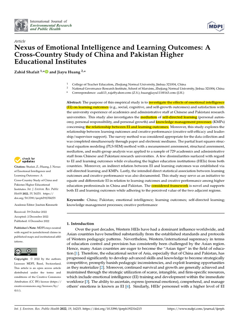 EI_2022_Shafait_Huang_Nexus of Emotional Intelligence and Learning Outcomes | PDF | Human ...