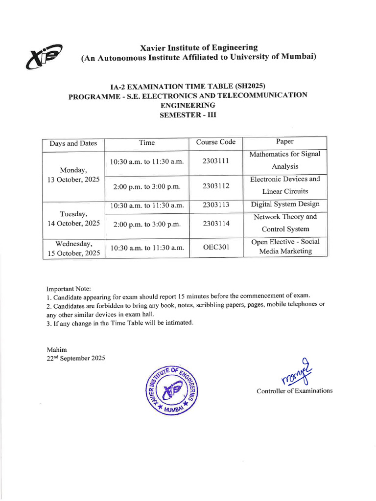 Extc - Iat 2 - Time Table Oct 2025 - Sem III, V, Vii - 250923 - 092942 ...