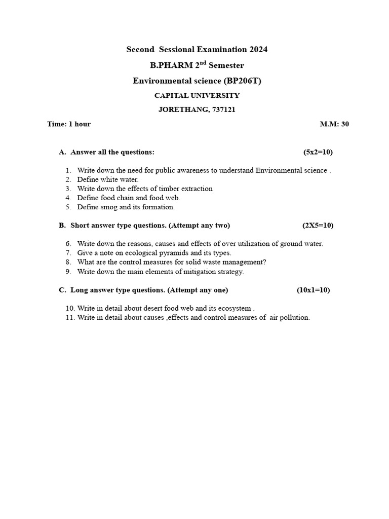 2nd Sessional Examination 2024 B.pharm | PDF