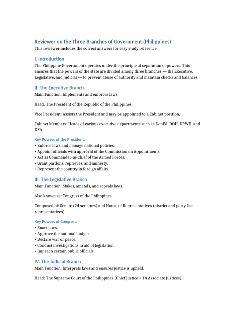 Reviewer Three Branches With Answers | PDF | Separation Of Powers Under ...