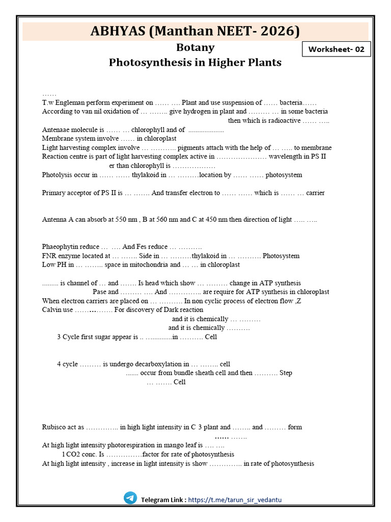 Worksheet 02 Photosynthesis in Higher Plants Botany Manthan Neet | PDF ...