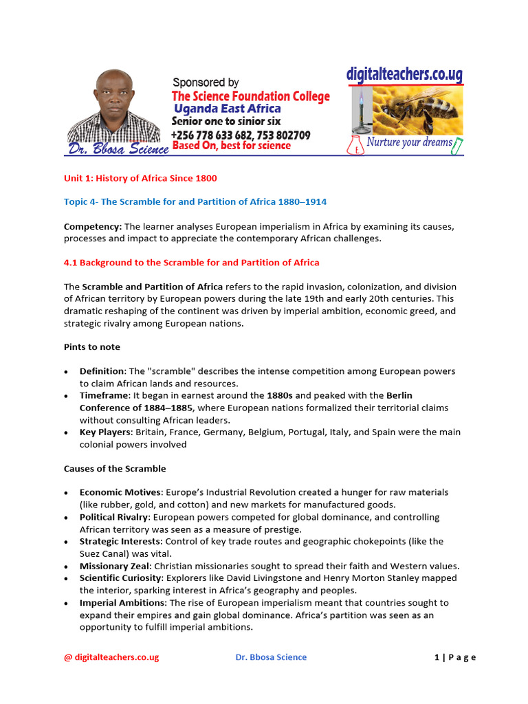 A Level History Unit 1 Topic 4 The Scramble For and Partition of Africa ...