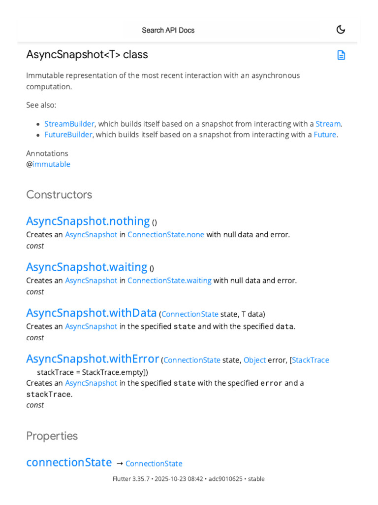4 AsyncSnapshot Class - Widgets Library - Dart API | PDF