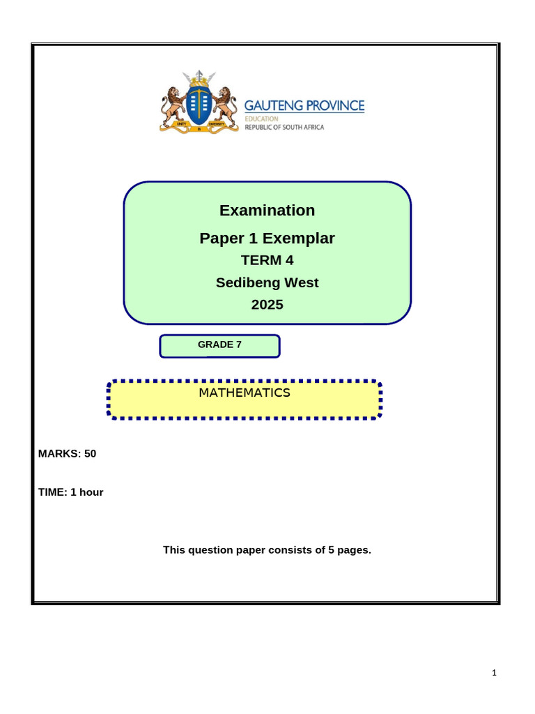 Grade 7 Mathematics Exam Paper 1 | PDF | Numbers | Elementary Mathematics