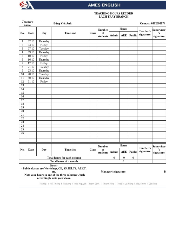 Teaching Hours Record - Lach Tray Branch | PDF
