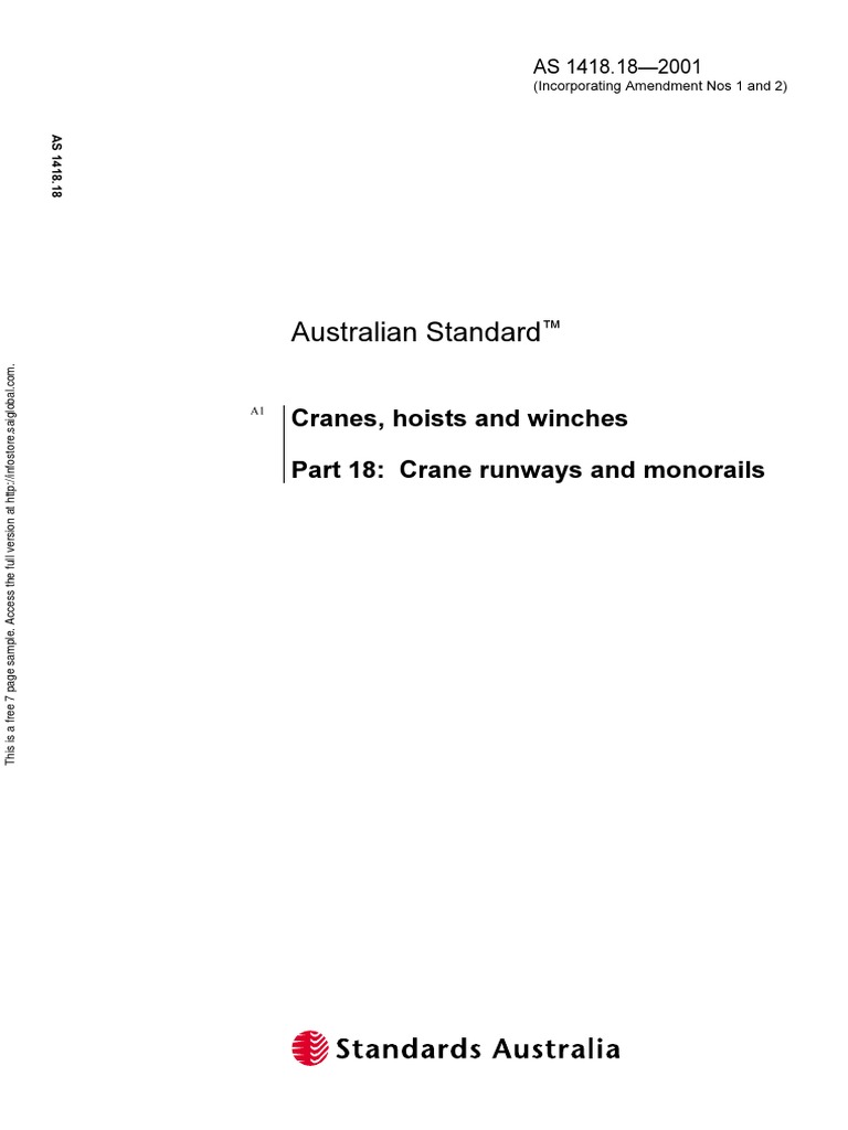 As 1418.18-2001 Cranes Hoists and Winches Crane Runways and Monorails ...