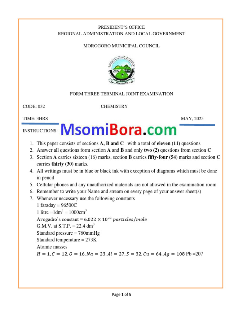 Chemistry - Exam n Answers - Msomibora.com | PDF | Mole (Unit) | Magnesium