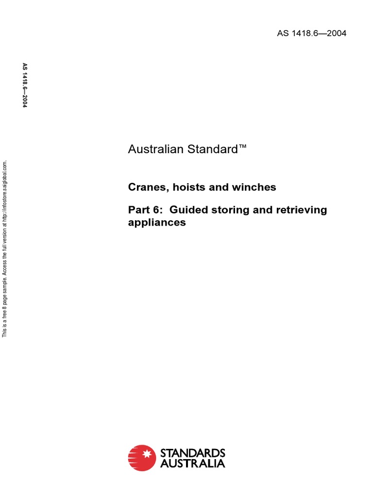 As 1418.6-2004 Cranes Hoists and Winches Guided Storing and Retrieving ...