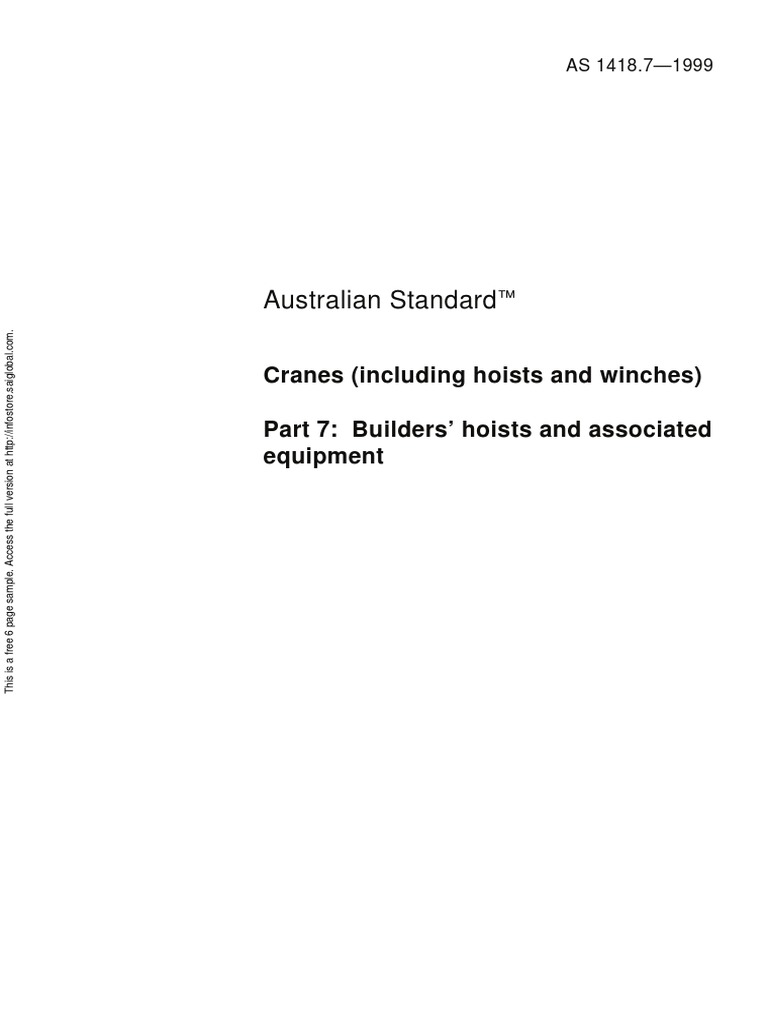 As 1418.7-1999 Cranes (Including Hoists and Winches) Builders Hoists ...
